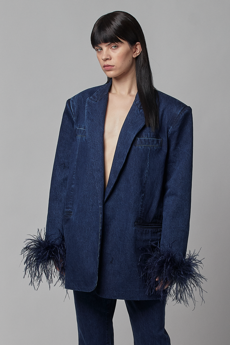 Feather Trim Denim Jacket